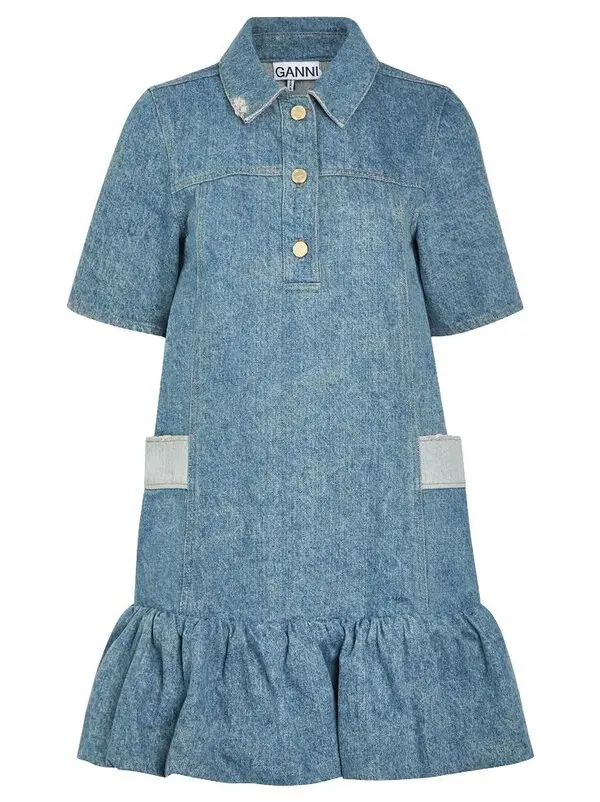GANNI Peplum Mini Dress With Contrasting Trim And Distressed Details - Denim