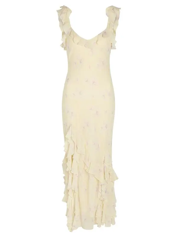 LoveShackFancy Roseline Floral Print Georgette Maxi Dress - Yellow