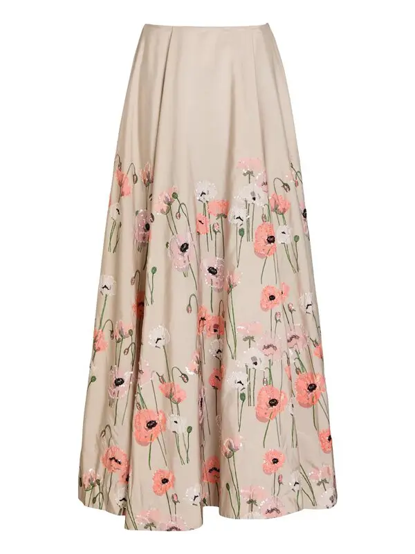 Bernadette Floral-embellished Satin-poplin Maxi Skirt - Beige