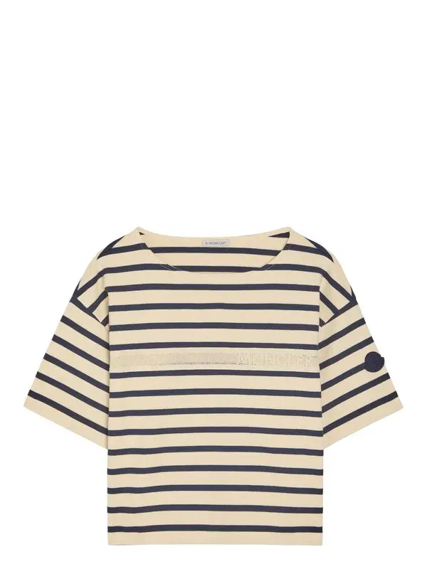 Moncler Striped Cotton T-shirt With Lace Insert - Beige