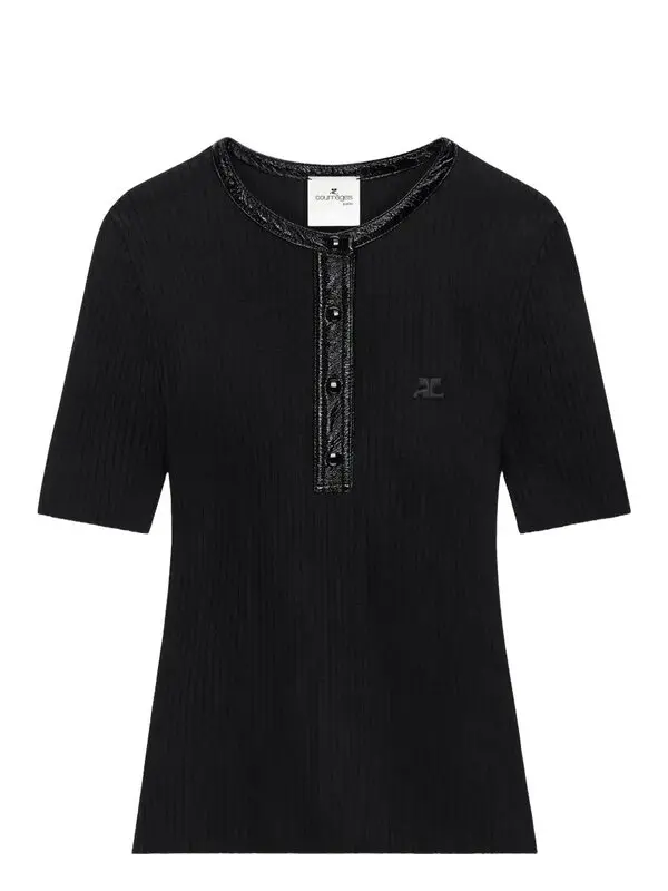 COURREGES Ribbed Knit T-shirt With Vinyl Trim - Black