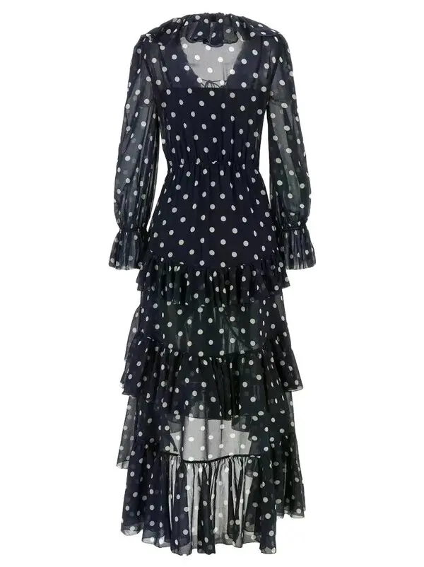 SELF-PORTRAIT Polka-dot Ruffled Asymmetric Dress - Blue