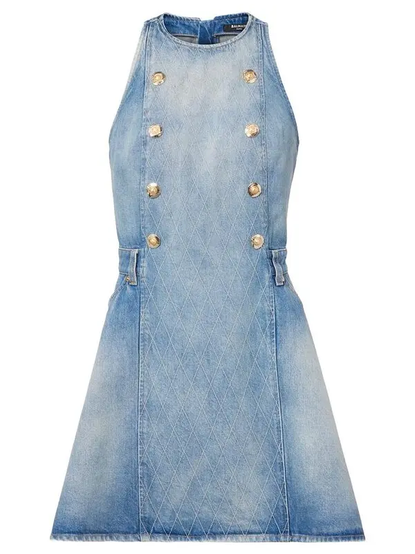 Balmain Denim Mini Dress With Gold Hardware - Blue