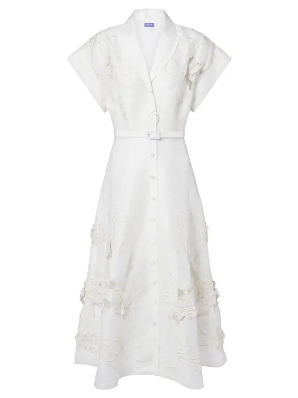 LEO LIN Aubrey Floral-appliqué Linen-blend Shirt Dress - White