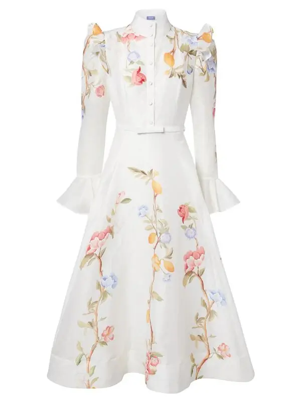 LEO LIN Selina Floral Ruffled Linen-blend Midi Dress - White