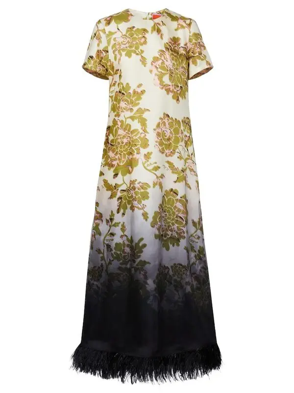 La DoubleJ Swing Feather-trimmed Floral Silk Twill Maxi Dress - Multicoloured