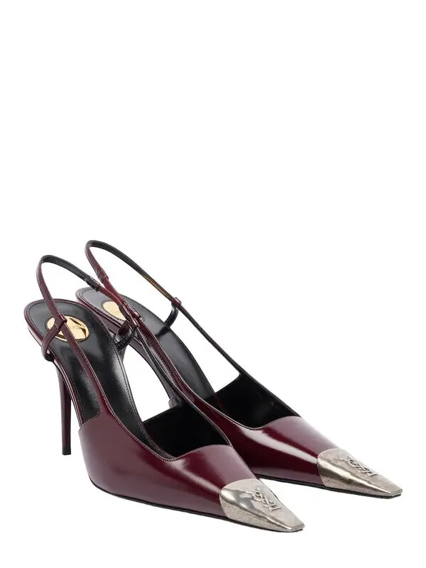 Saint Laurent Jeanne Leather Slingback Pumps With Pointed Toe And Brass Hardware - Burgundy