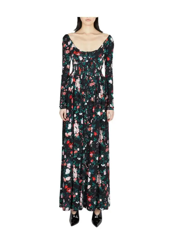 Rabanne Rose-print Ruched Maxi Dress - Black