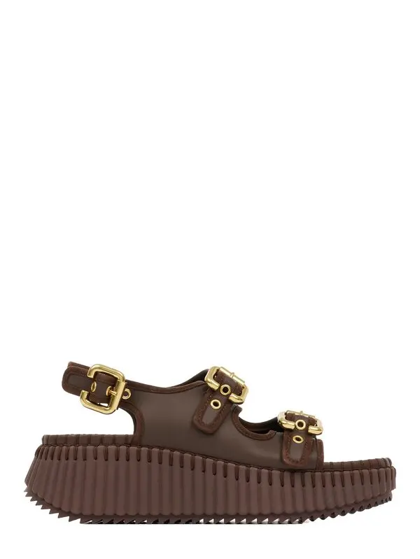 Chloé Nama Wedge Sandals With Paddington Buckles - Chocolate