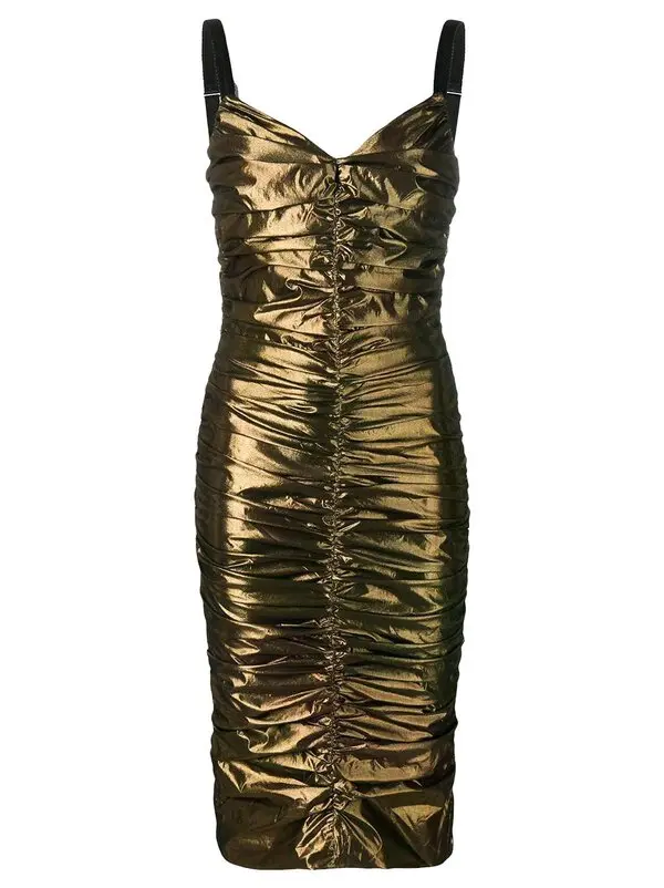 Dolce & Gabbana Lamé Ruched Sweetheart Neckline Midi Dress - Gold