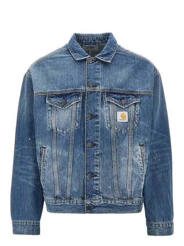 Carhartt Work In Progress Helton Denim Jacket With Distressed Finish And Paint Spots - Blue