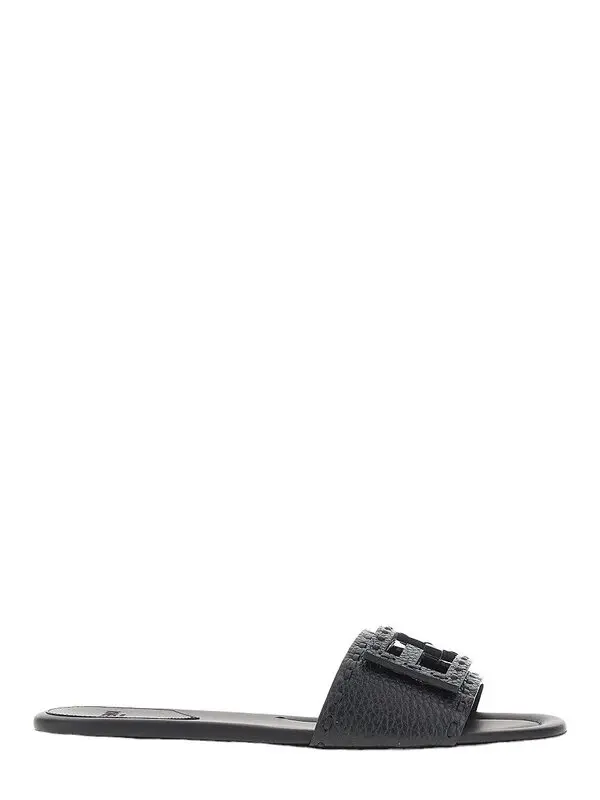 Fendi Baguette Grained Leather Slides - Black