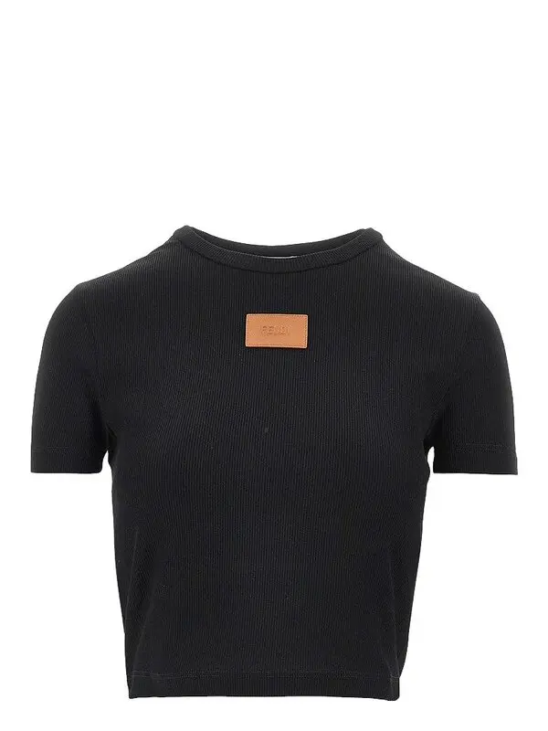 Fendi Cropped T-shirt With Embossed Logo Patch - Black