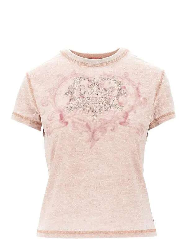 DIESEL® Embellished Burnout Effect T-shirt With Hotfix Rhinestones - Pink