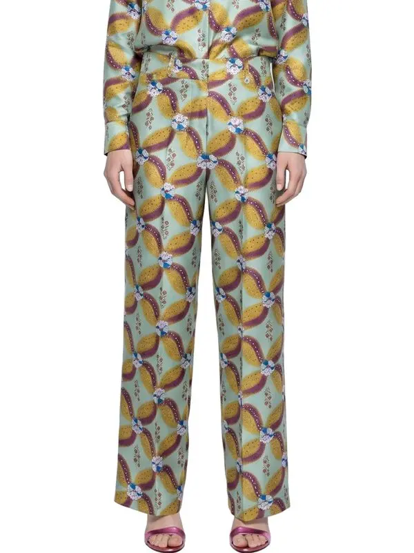 PAULA Straight Leg Printed Silk Trousers - Water