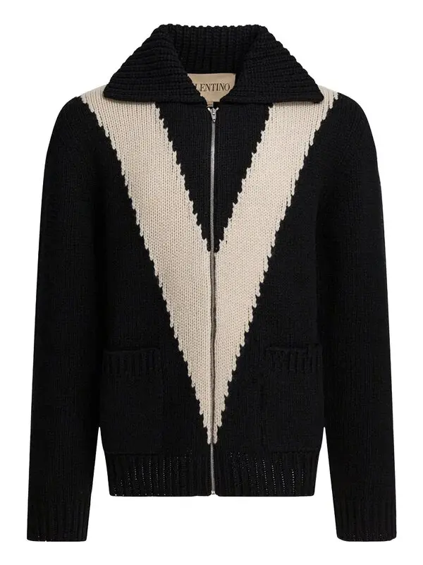 Valentino Garavani Knit Zip-up Cardigan With Collar - Black