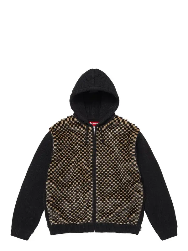 Supreme Checkerboard Faux Fur Zip Up Hooded Sweater - Black
