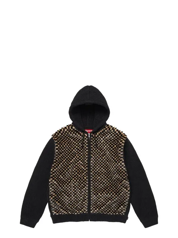 Supreme Checkerboard Faux Fur Zip Up Hooded Sweater - Black