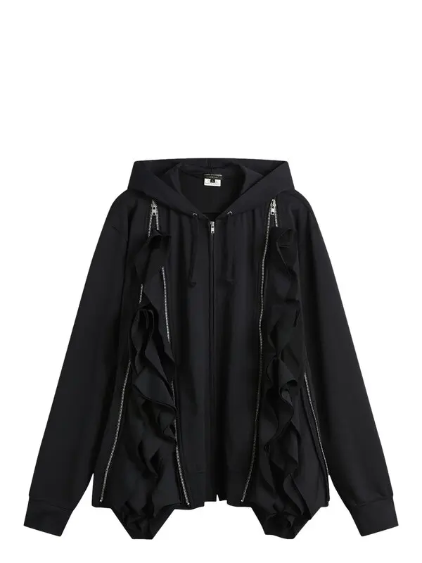 Comme Des Garçons Zip Hooded Coat With Ruffle Detail - Black