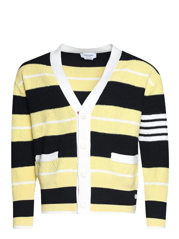 Thom Browne Classic Stripe Seed Stitch V Neck Cardigan - Yellow