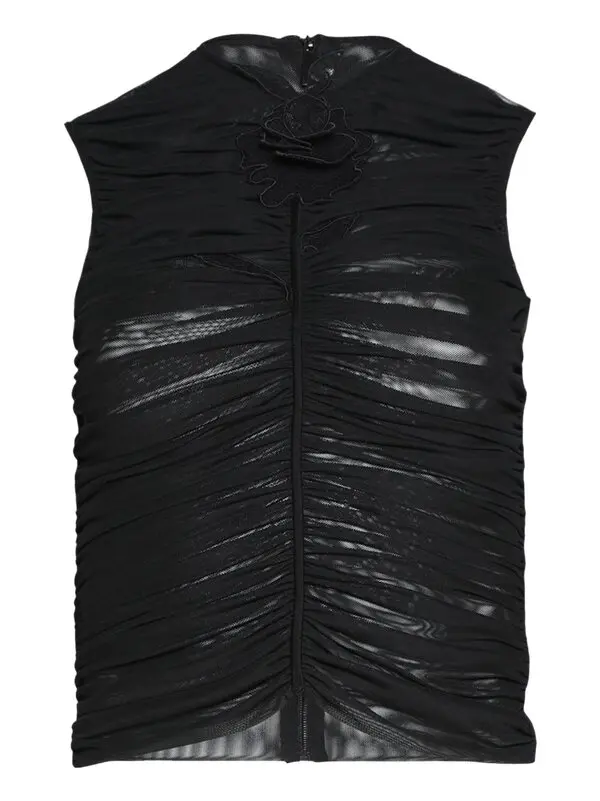 David Koma Lace Rose Embroidery Ruched Top - Black