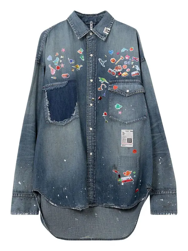 Mihara Yasuhiro Distressed Denim Shirt With Appliqu - Blue
