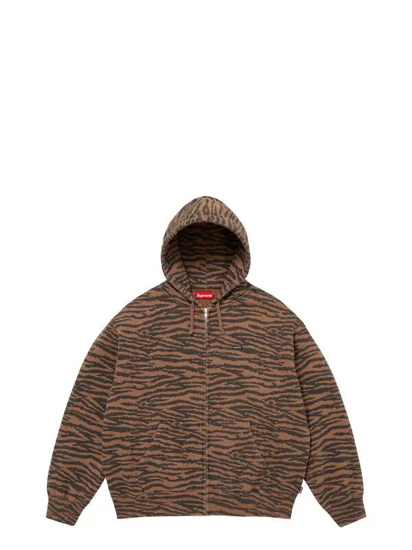 Supreme Small Box Zip Up Hooded Sweatshirt With Tiger Print - Brown
