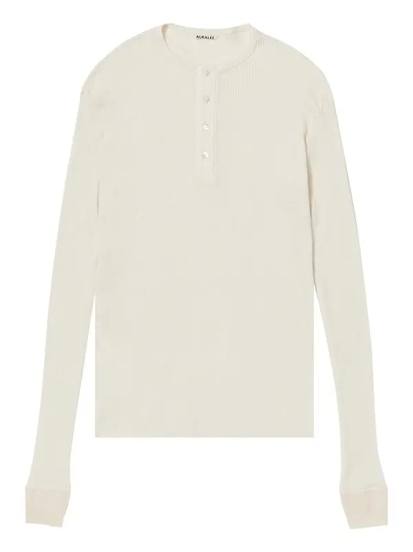 Auralee Organic Soft Rib Henley Neck Top - Cream