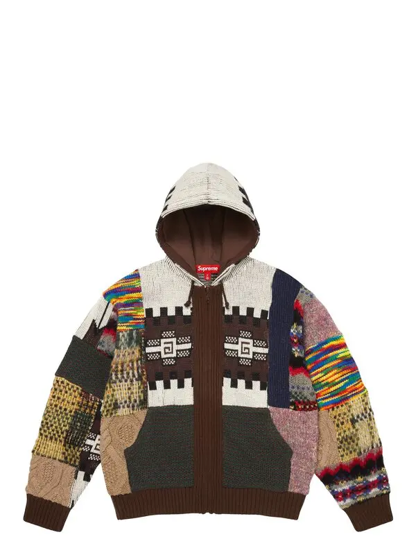 Supreme Patchwork Zip Up Hooded Sweater - Brown