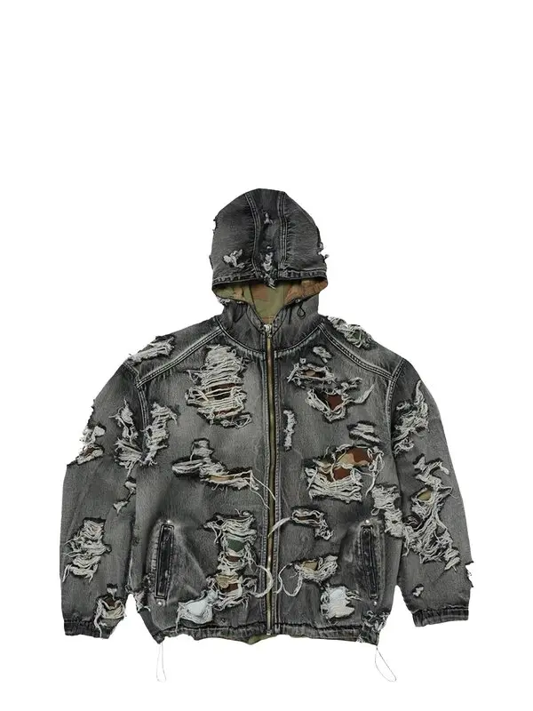 THUG CLUB Hell Denim Camo Hooded Zip-up - Black