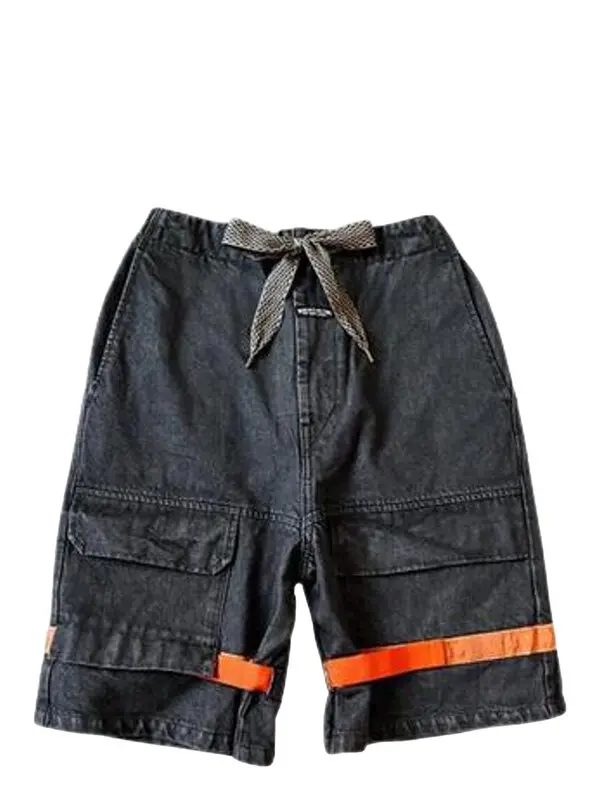 Kapital Black Denim Nouvelle Shuttle Shorts With Orange Detail - Blue