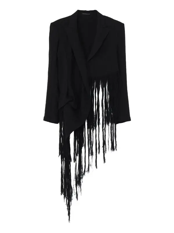 Yohji Yamamoto Crinkle Gauze Jacket With Fringe Hem - Black