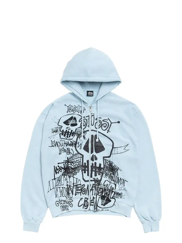 StÜssy Pigment Dyed Skull Graphic Zip Hoodie - Blue