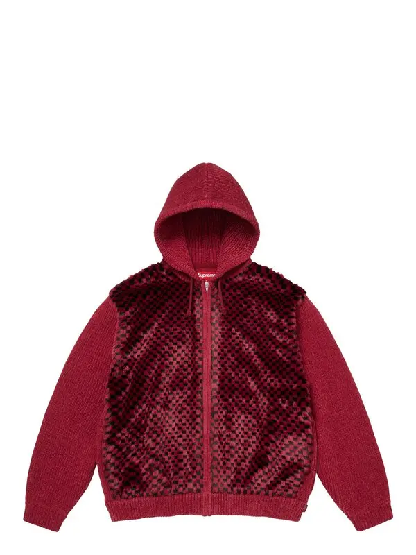 Supreme Checkerboard Faux Fur Zip Up Hooded Sweater - Red
