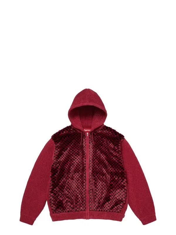 Supreme Checkerboard Faux Fur Zip Up Hooded Sweater - Red