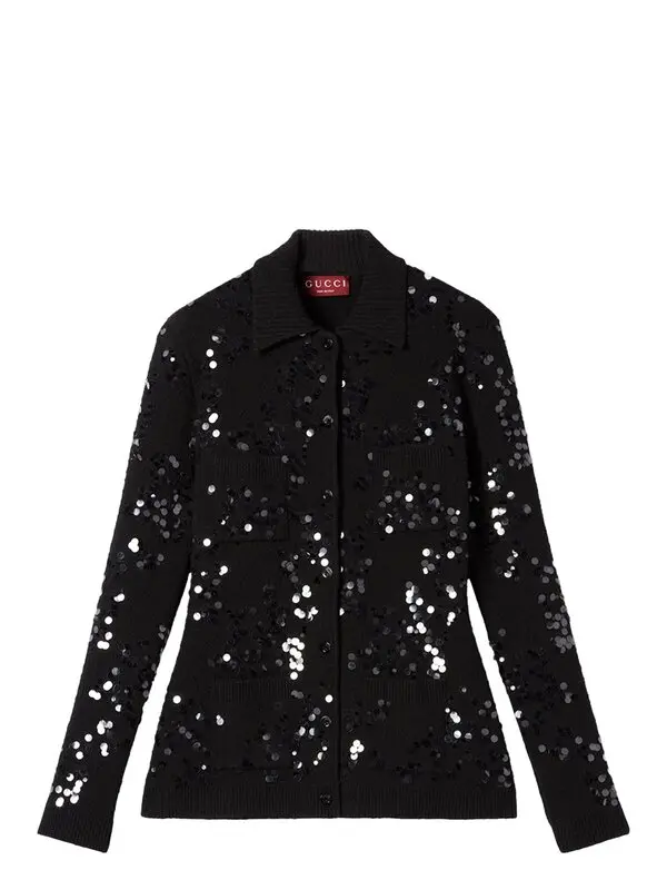 Gucci Embroidered Sequined Polo Cardigan - Black