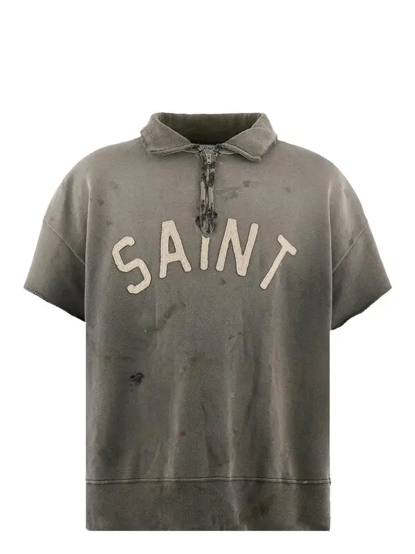 SAINT MXXXXXX Short Sleeve Half Zip "saint" Appliqué Top - Grey