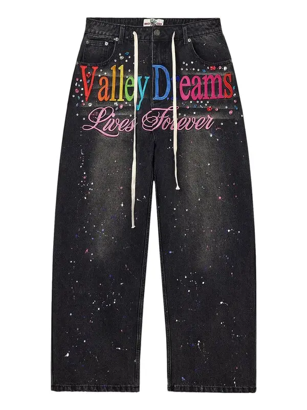 VALE FOREVER Embellished Paint Splatter Denim - Black