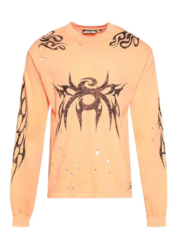 HELLSTAR Tribal Print Distressed Long-sleeve Shirt - Orange