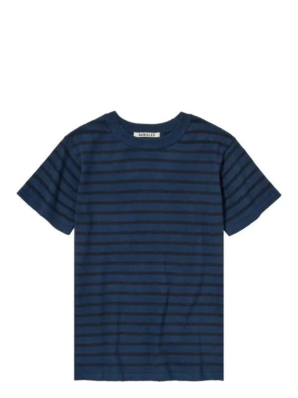 Auralee High Gauge Cotton Knit Tee With Navy Stripes - Blue