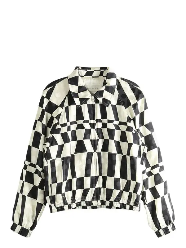 Dries Van Noten Optical Squares And Polka Dot Print Zip-up Jacket - Black