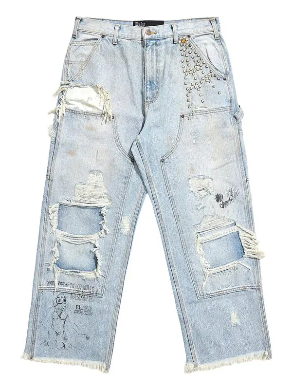 PALY HOLLYWOOD Distressed Double Knee Denim Jeans - Blue