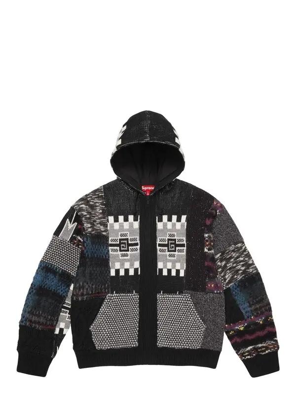 Supreme Patchwork Zip Up Hooded Sweater - Black