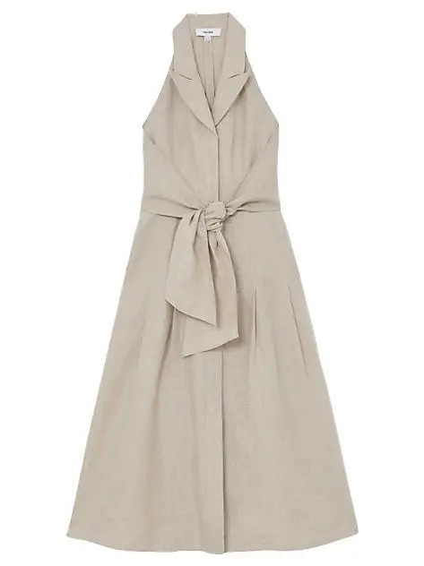 REISS Tara Petite Tie-waist Tailored Linen Midi Dress - Neutral