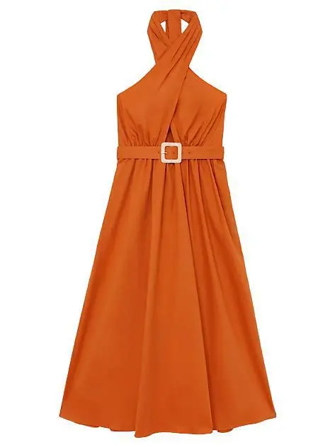 REISS Rowe Halterneck Midi Dress - Orange
