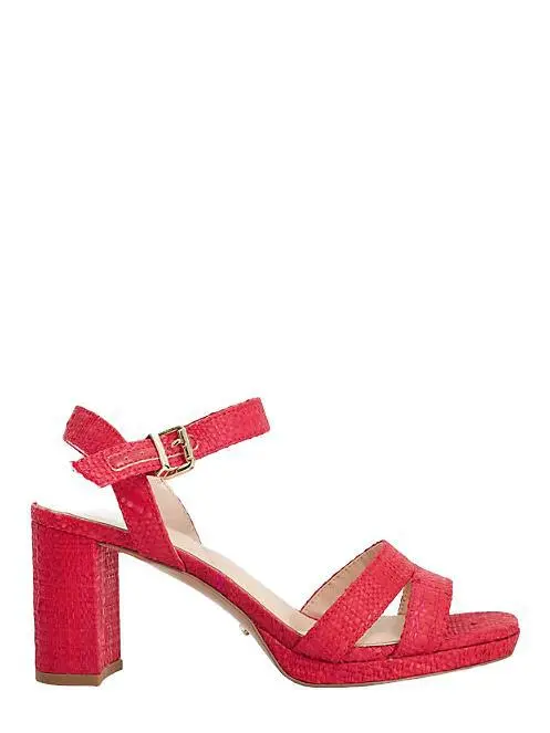 DUNE Raffia Block Heel Sandals - Red Natural Raffia
