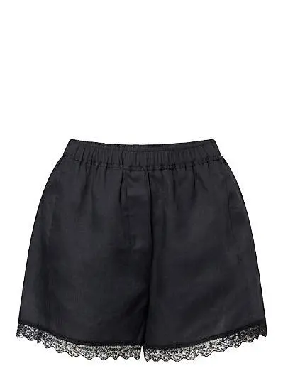 GANNI Lace Hem Linen Shorts - Black