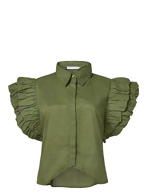 LEEM Ruffled Sleeve Notched Hem Shirt - Green