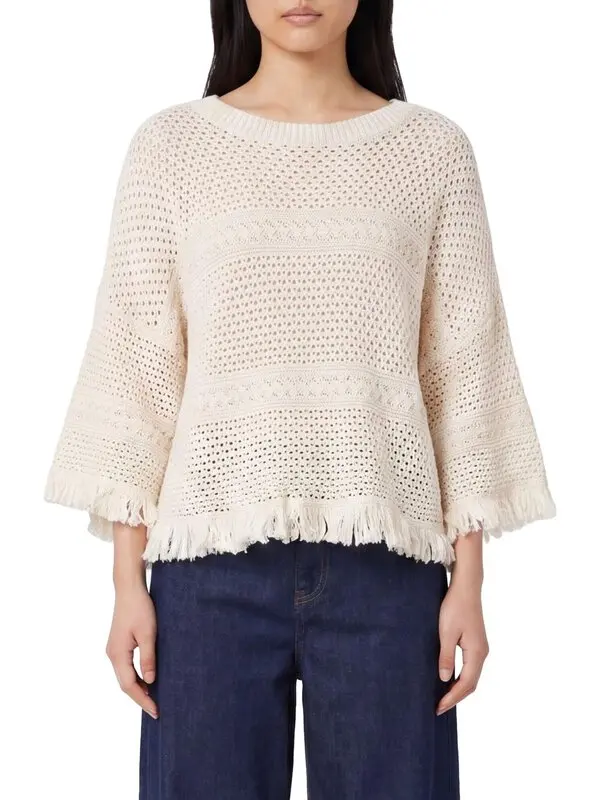 Max Mara Cotton Openwork Knit Jumper With Fringed Hem - Ecru