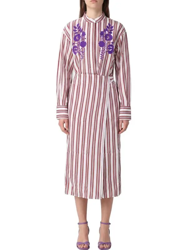 Antik Batik Striped And Floral Cotton Long Wrap Shirt Dress - Red